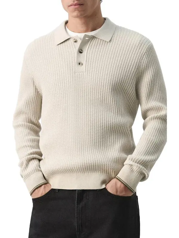 Mango Braided Cotton Blend Polo Sweater - Sand