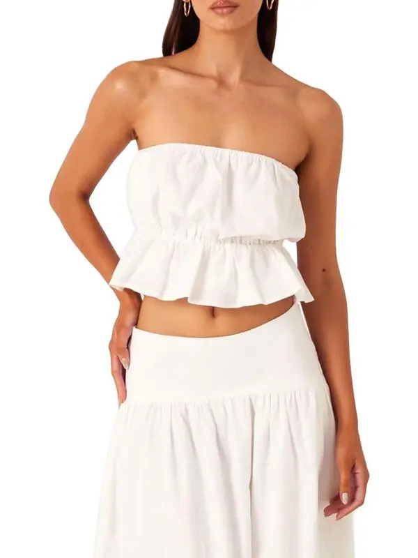 SNDYS Nesa Strapless Linen & Cotton Peplum Crop Top - White