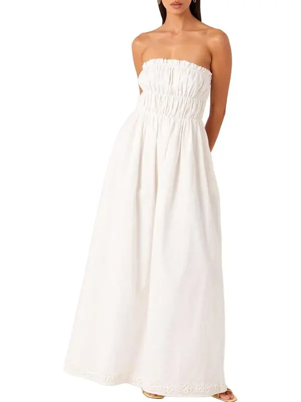 SNDYS Ines Strapless Linen & Cotton Maxi Dress - White