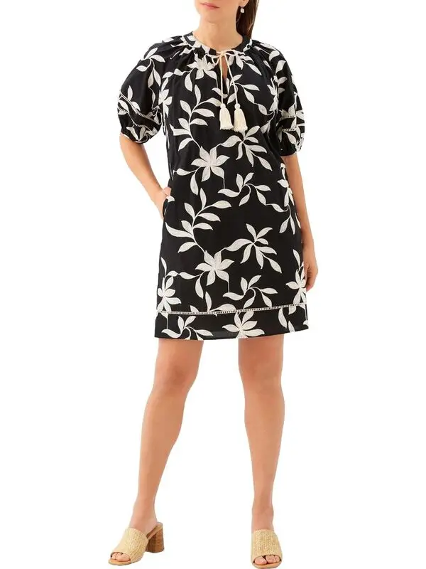 Karen Kane Floral Embroidered Puff Sleeve Cotton Shift Dress - Black