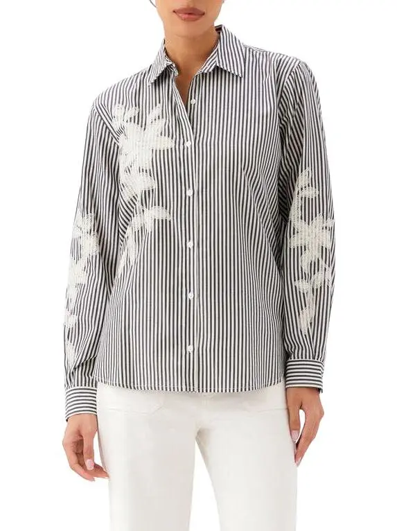 Karen Kane Striped Embroidered Button-up Shirt - Black W/off White