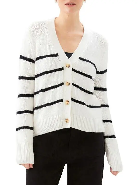 Karen Kane Striped Cotton Blend Cardigan - Off White W/black
