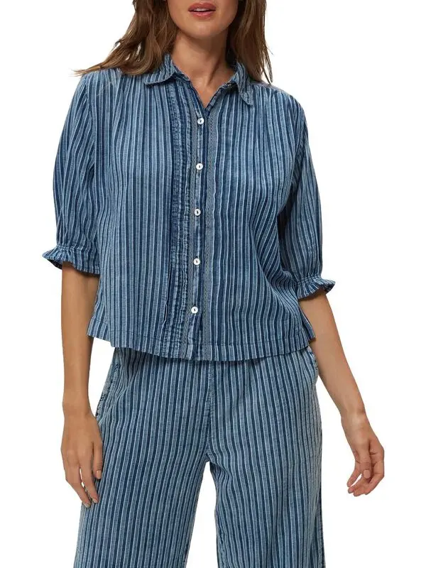 Michael Stars Holly Lace Trim Button-up Shirt - Indigo Stripe
