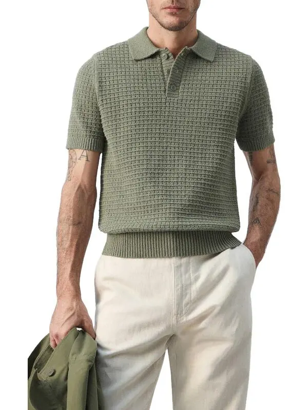 Mango Waffle Knit Polo Sweater - Forest Green