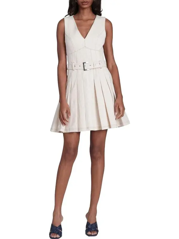 Avec Les Filles Seamed Sleeveless Pleated Stretch Cotton Minidress - Seeded Ecru