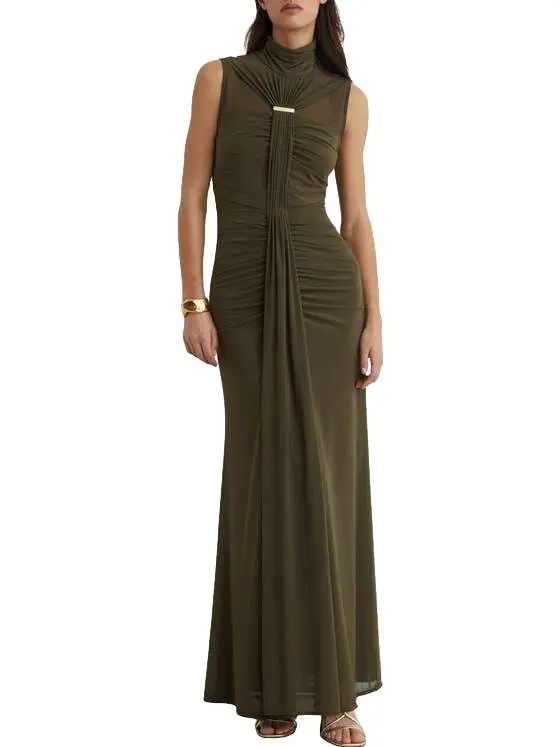 REISS Collette Ruched Maxi Gown - Khaki Green