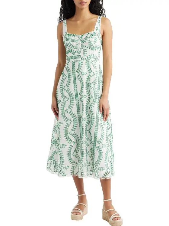 Moon River Embroidered Detail Midi Dress - Green Multi