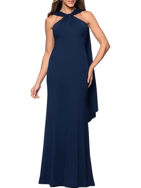 XSCAPE EVENINGS Scarf Detail Halter Neck Gown - Navy