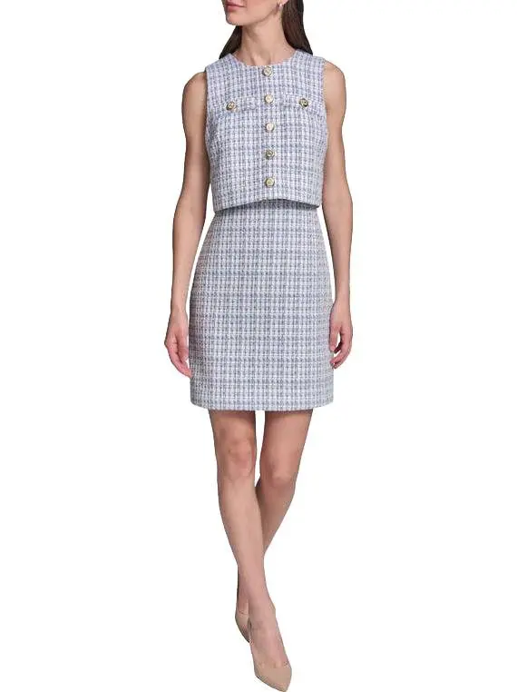 Karl Lagerfeld Sleeveless Tweed Popover Dress - Mystic Blue Multi