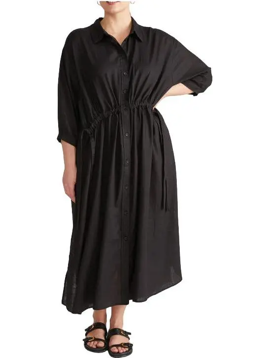 Universal Standard Drawstring Waist Button-up Linen Blend Shirtdress - Black