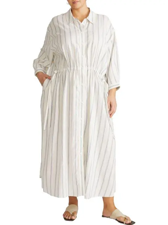 Universal Standard Drawstring Waist Button-up Linen Blend Shirtdress - Mayfair Stripe