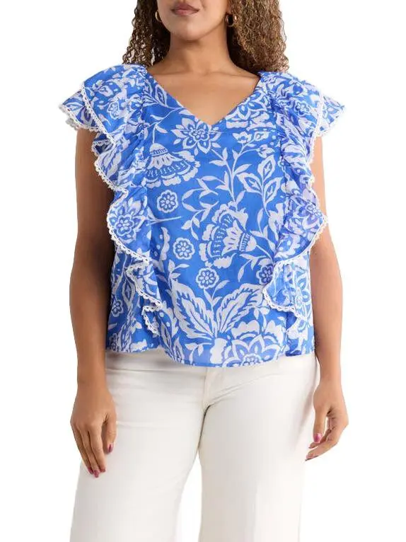 SUGARLIPS Marny Floral Ziva Ruffle Blouse - Blue White