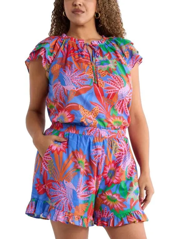 SUGARLIPS Cindal Floral Hita Ruffle Top - Blue-pink-multi
