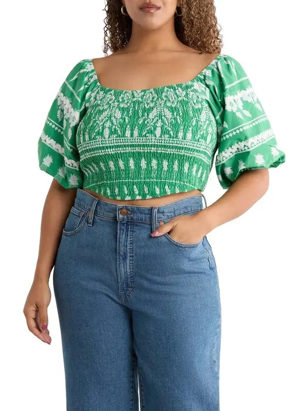 SUGARLIPS Printed Smocked Crop Top - Green-whte