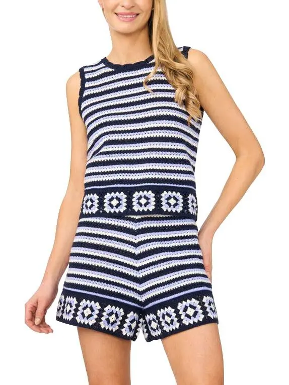 CECE DUPRAZ Striped Crochet Scallop Neck Top - Classic Navy