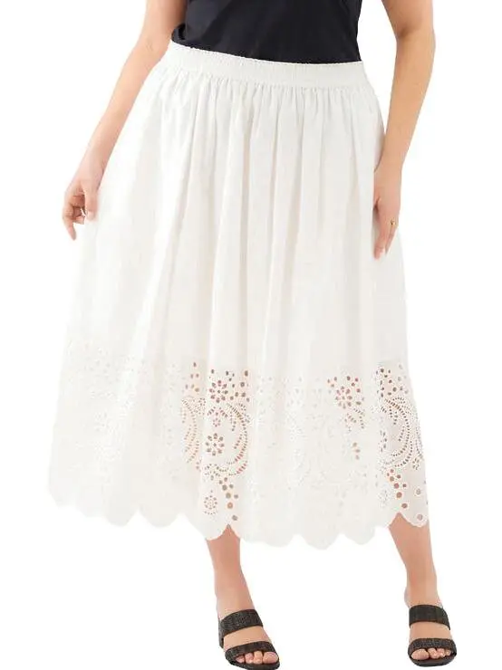 Karen Kane Embroidered Eyelet Cotton Midi Skirt - Off White