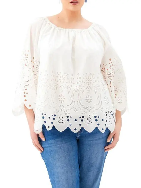 Karen Kane Eyelet Embroidered Peasant Top - Off White