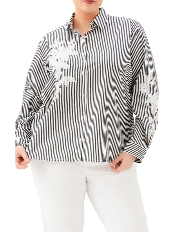 Karen Kane Stripe Embroidered Button-up Shirt - Black W/off Whi
