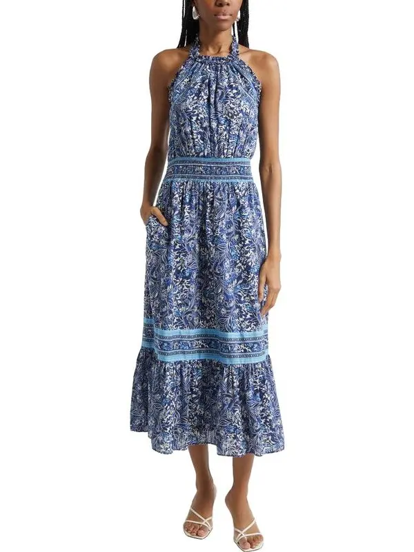 Ramy Brook Delia Mixed Print Halter Neck Cotton Dress - Navy Floral