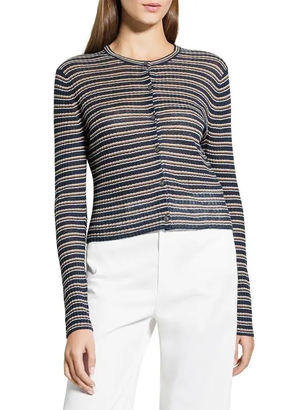 Theory Stripe Crop Linen Blend Cardigan - Nocturne Blue Multi