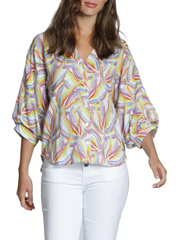 APNY Blouson Sleeve Cotton Blend Button-up Shirt - Blue Multi