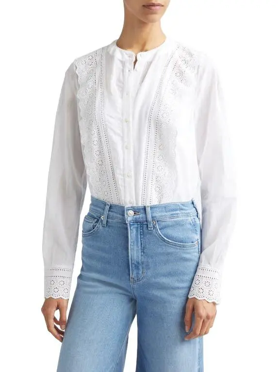 Veronica Beard Clermont Eyelet Ruffle Detail Button-up Shirt - White