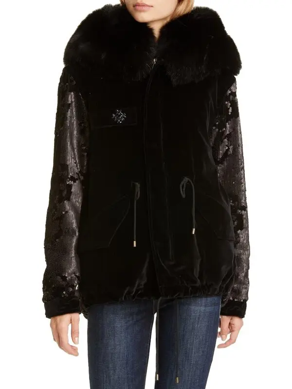 Mr & Mrs Italy Sequin Embellished Velvet Coat With Fox Fur Trim - Black