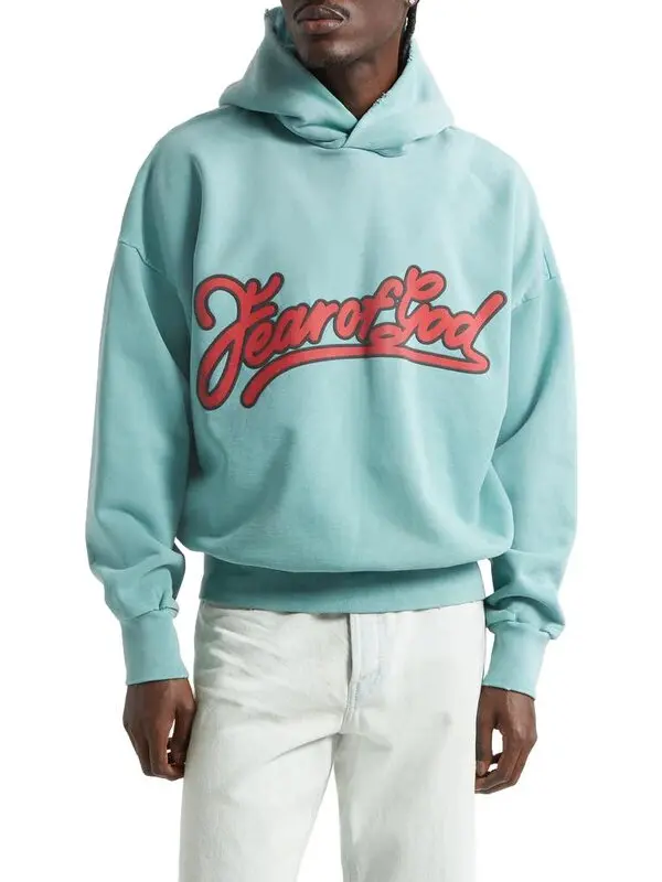 Fear Of God Classic Fit Fleece Logo Graphic Hoodie - Sky