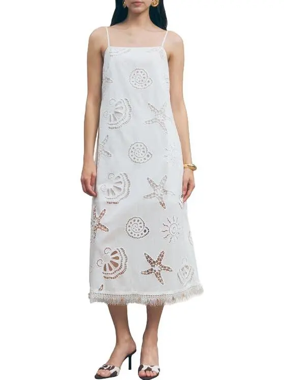 MAUDE CLUB Cotton Eyelet Fringe Trim Midi Dress - White