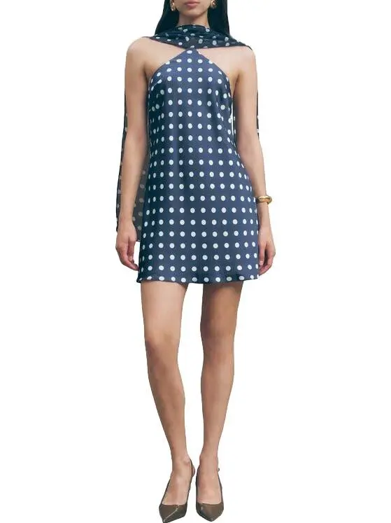 MAUDE CLUB Hendrix Polka Dot Halter Neck Minidress With Removable Scarf - Navy White Dots