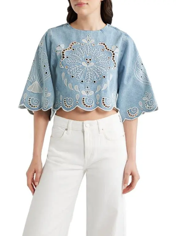 Farm Rio Eyelet Detail Crop Top - Denim