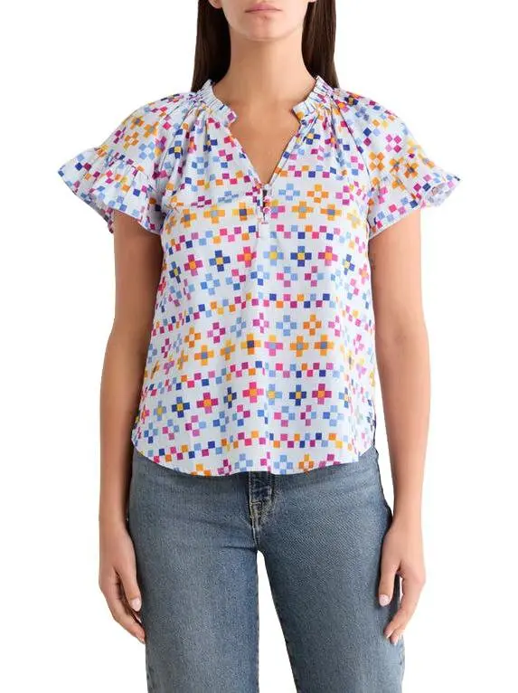 SUGARLIPS Kessa Geo Macy Ruffle Cotton Top - Light Blue Multi