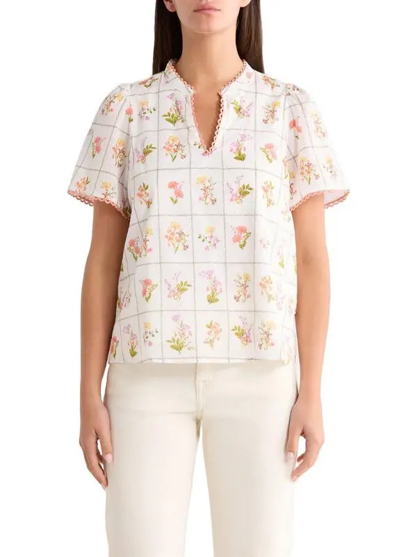 SUGARLIPS Diane Hilda Floral Split-neck Top - Coral Multi