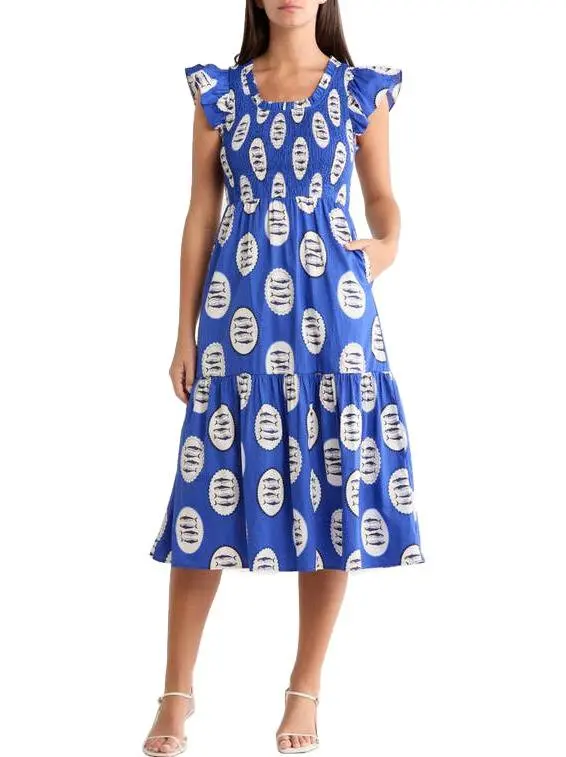 SUGARLIPS Smocked Midi Dress - Navy-crm-blk