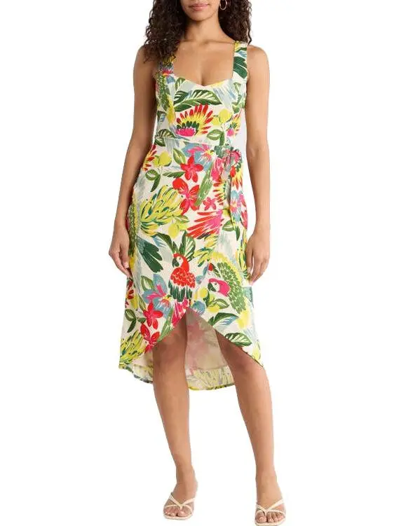 SUGARLIPS Wissa Tropical Faux Wrap Midi Sundress - Bright-multi
