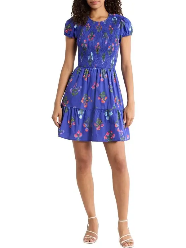 SUGARLIPS Floral Smocked Cotton Tiered Dress - Navy