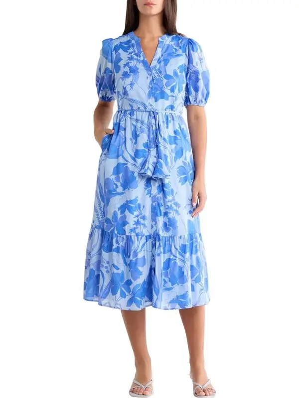 SUGARLIPS Floral Cotton Tiered Shirtdress - Light Blue Multi