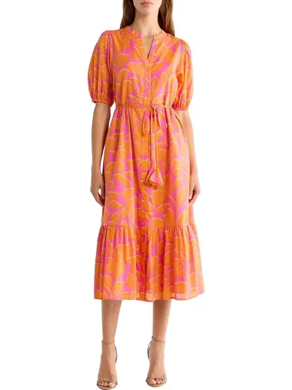 SUGARLIPS Floral Cotton Tiered Shirtdress - Orange-fuchsia