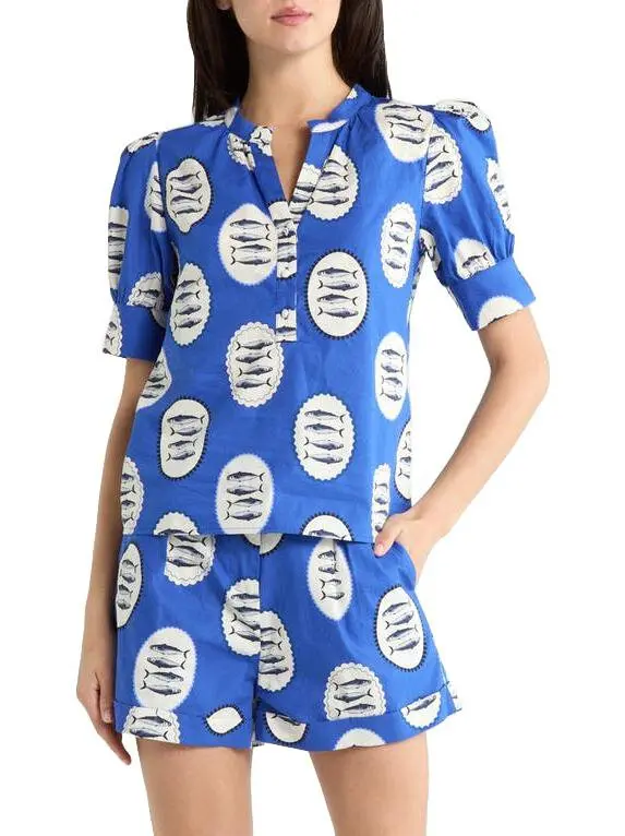 SUGARLIPS Sardine Sea Rosio Puff Sleeve Top - Navy-cream-black