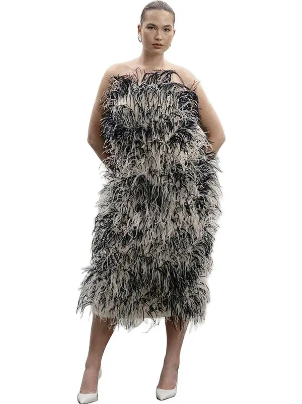 11 HONORE Strapless Feathered Maxi Dress - Black And Cream