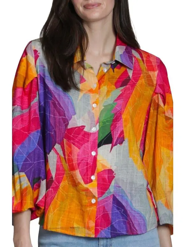APNY Printed Cotton Button-up Shirt - Yellowpink Multi