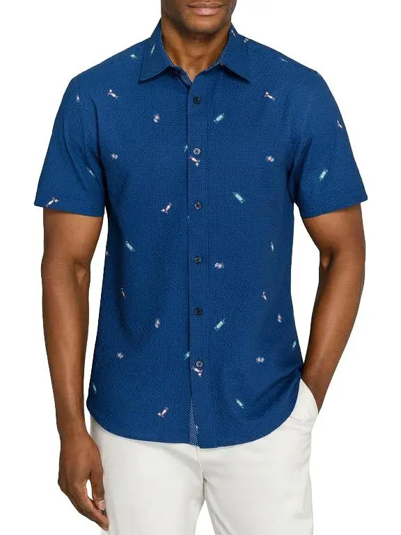 CON.STRUCT Slim Fit Tropical Drinks Woven Short Sleeve Seersucker - Navy/green