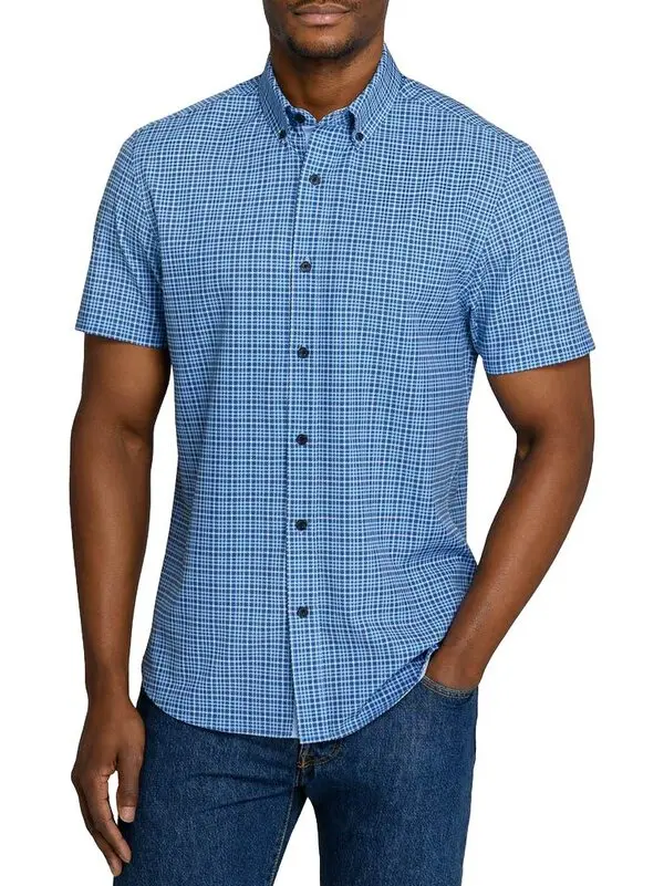 CON.STRUCT Slim Fit Houndstooth Plaid Woven Short Sleeve Basic Shirt - Light Blue/navy