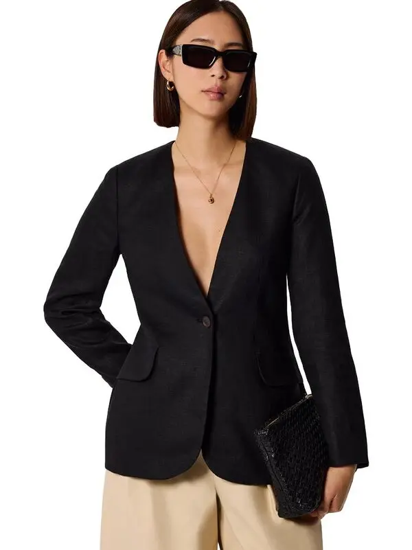 Whistles Collarless Linen Blazer - Black