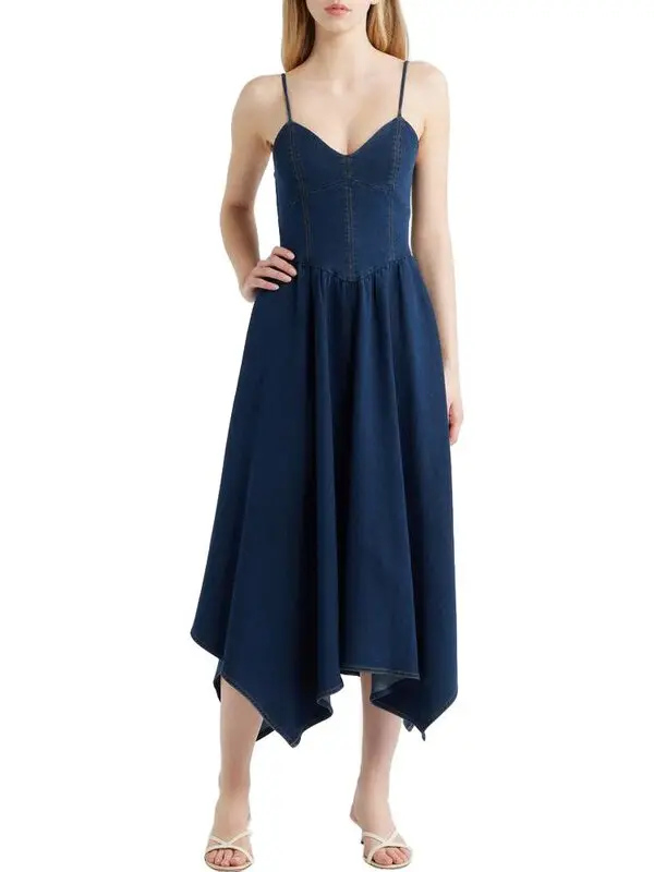 Moon River Handkerchief Hem Denim Dress - Indigo