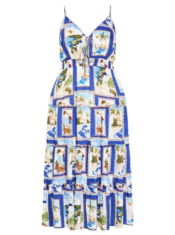 City Chic Printed Tiered Maxi Sundress - Blue Postcard