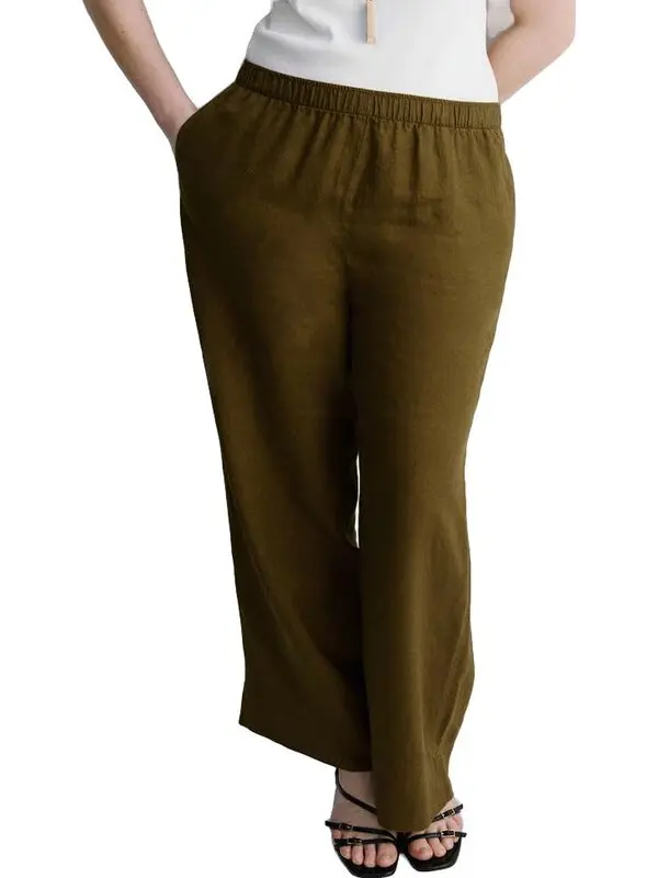 Mango Straight-leg Linen Blend Pants - Olive Green