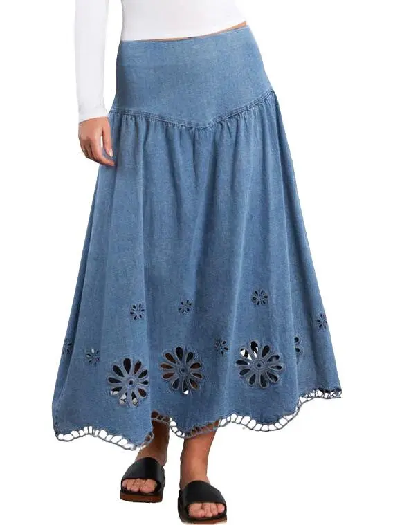 WASH LAB DENIM Camellia Floral Cutout Denim Maxi Skirt - Dream Denim