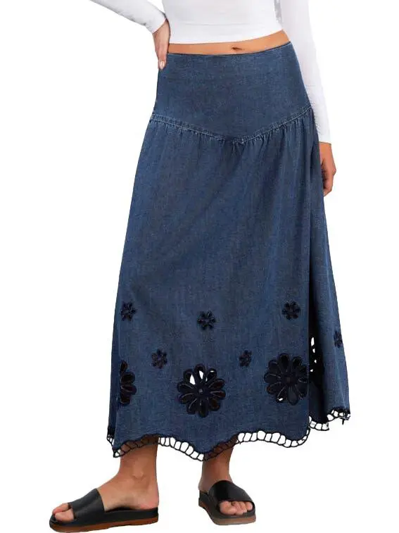 WASH LAB DENIM Camellia Floral Cutout Denim Maxi Skirt - Petal Denim