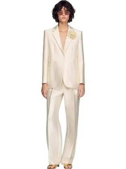 Sandro Satin-effect Suit Jacket With Flower Brooch - Neutral / White